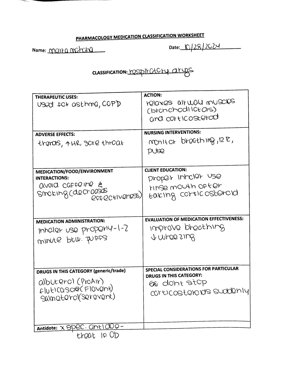 Pharm-resp drugs - PHARMACOLOGY MEDICATION CLASSIFICATION WORKSHEET ...