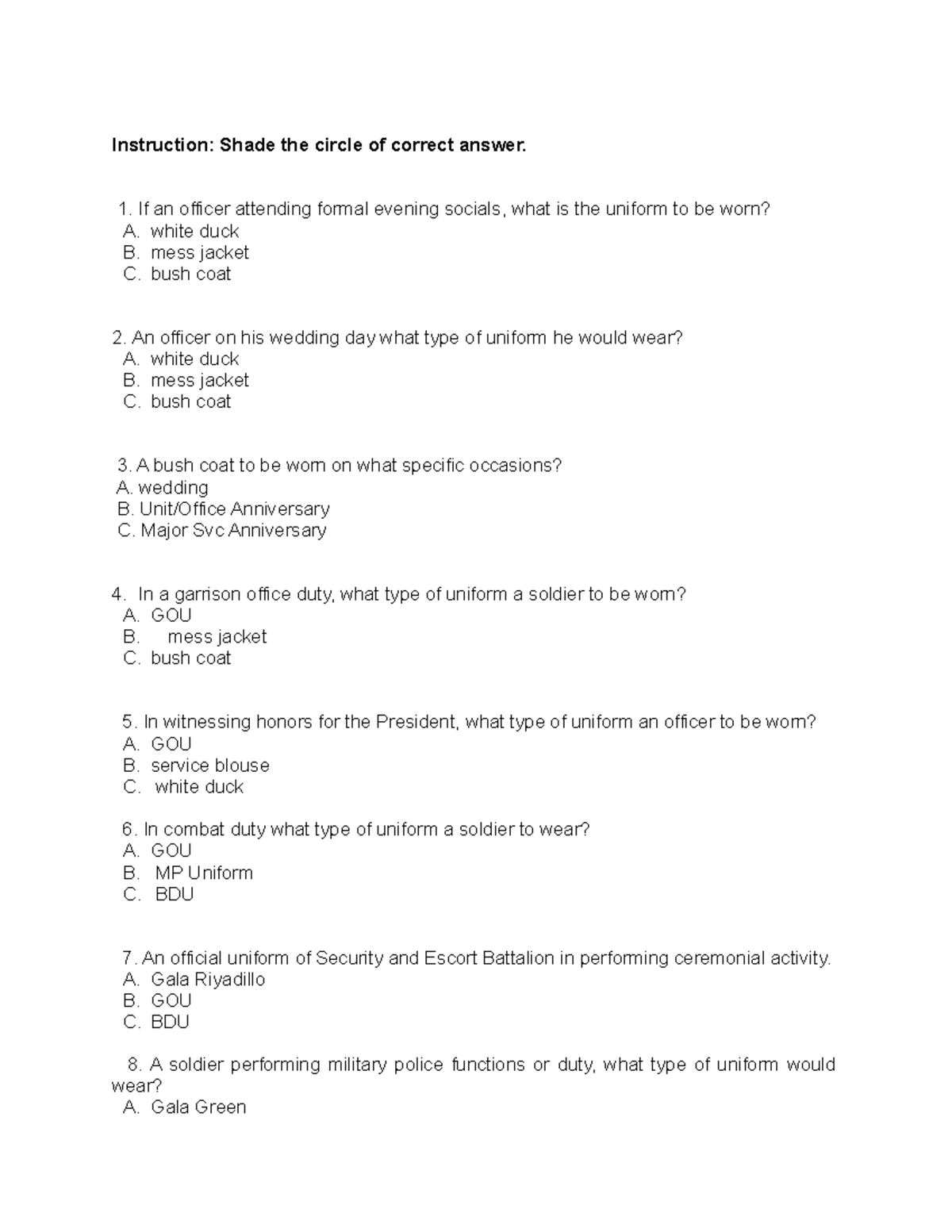 RO Quiz - Accountancy - Instruction: Shade the circle of correct answer ...