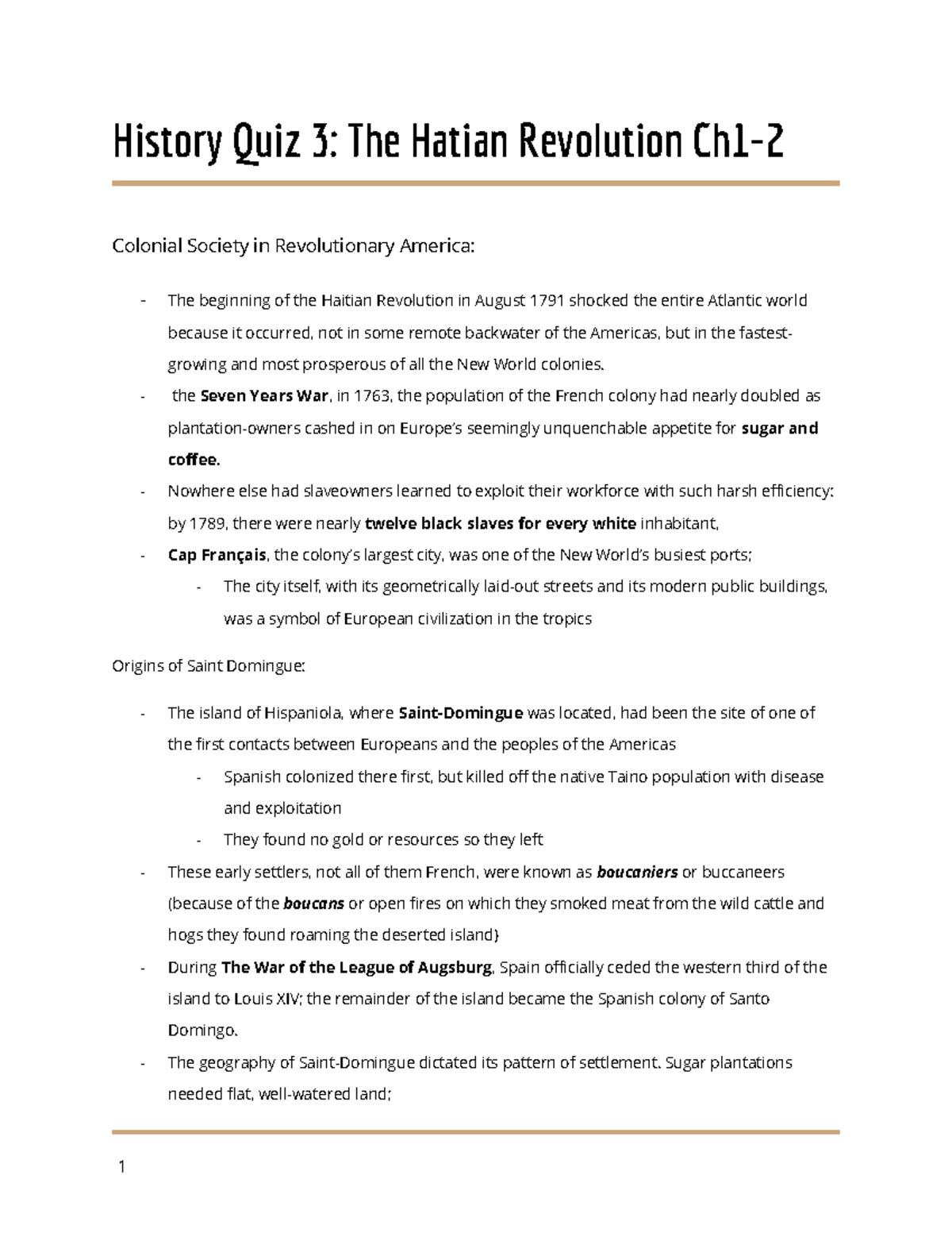 History quiz 3 study guide - History Quiz 3: The Hatian Revolution Ch1 ...