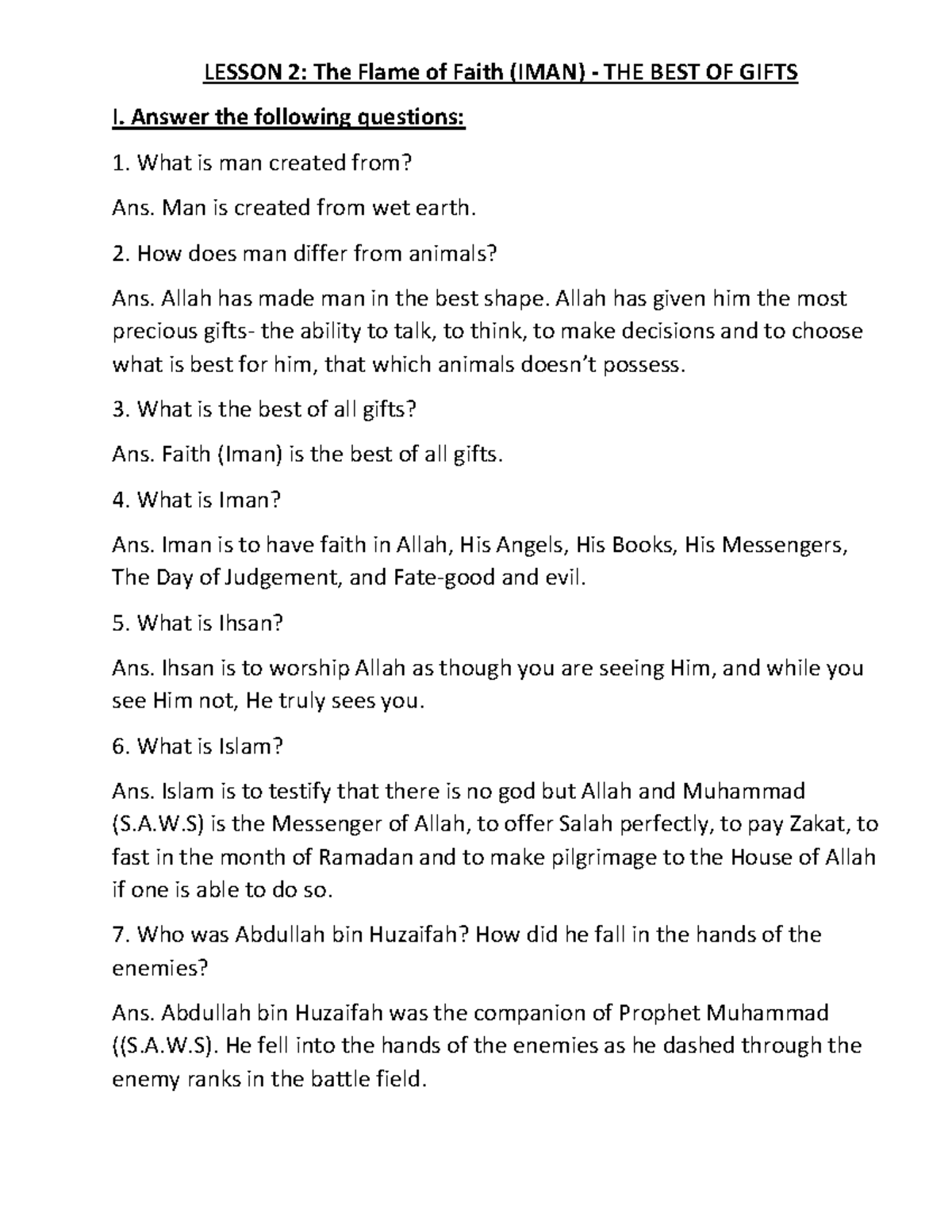 Lesson 2 The Flame of Faith - LESSON 2: The Flame of Faith (IMAN) - THE ...
