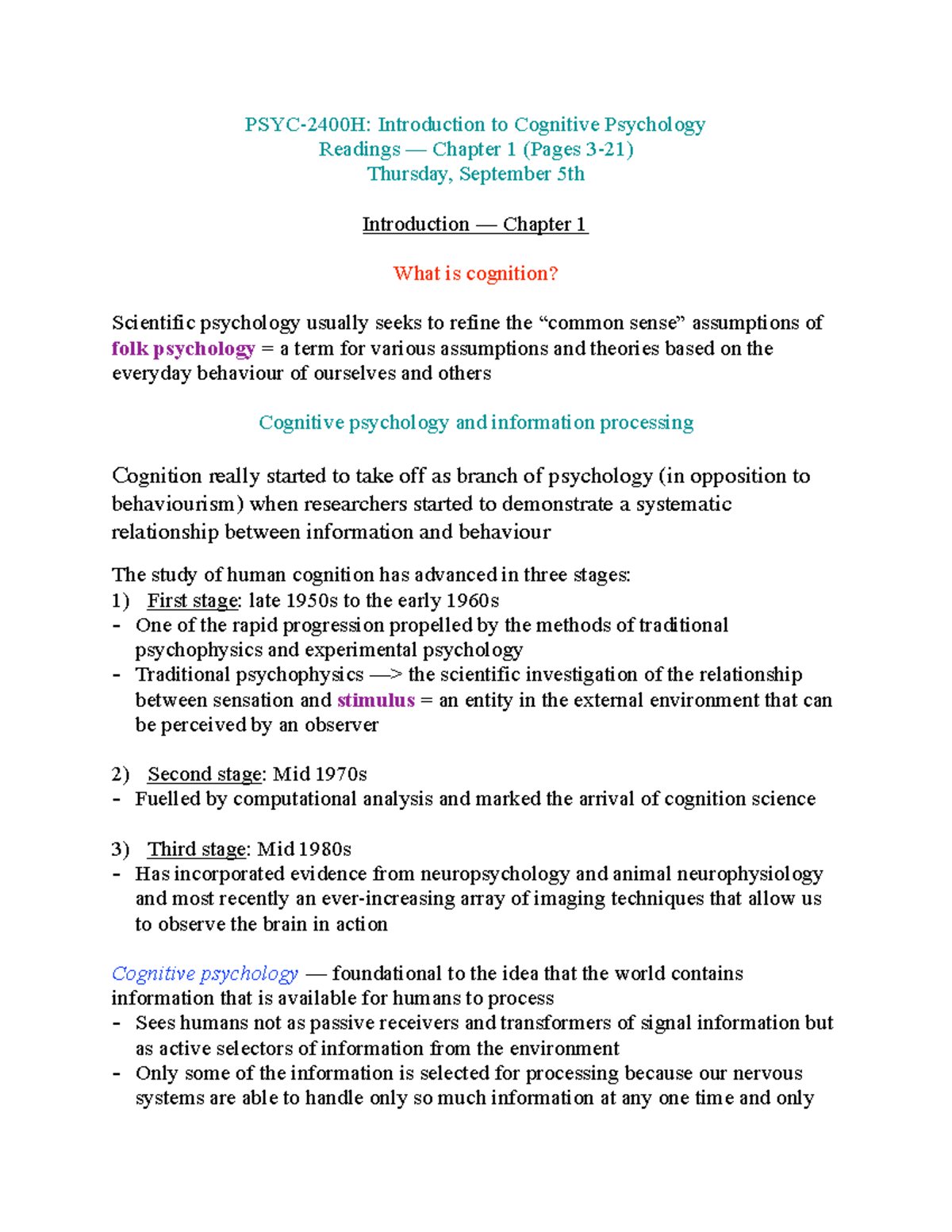 Psyc 2400 — Chapter 1 - PSYC-2400H: Introduction to Cognitive ...