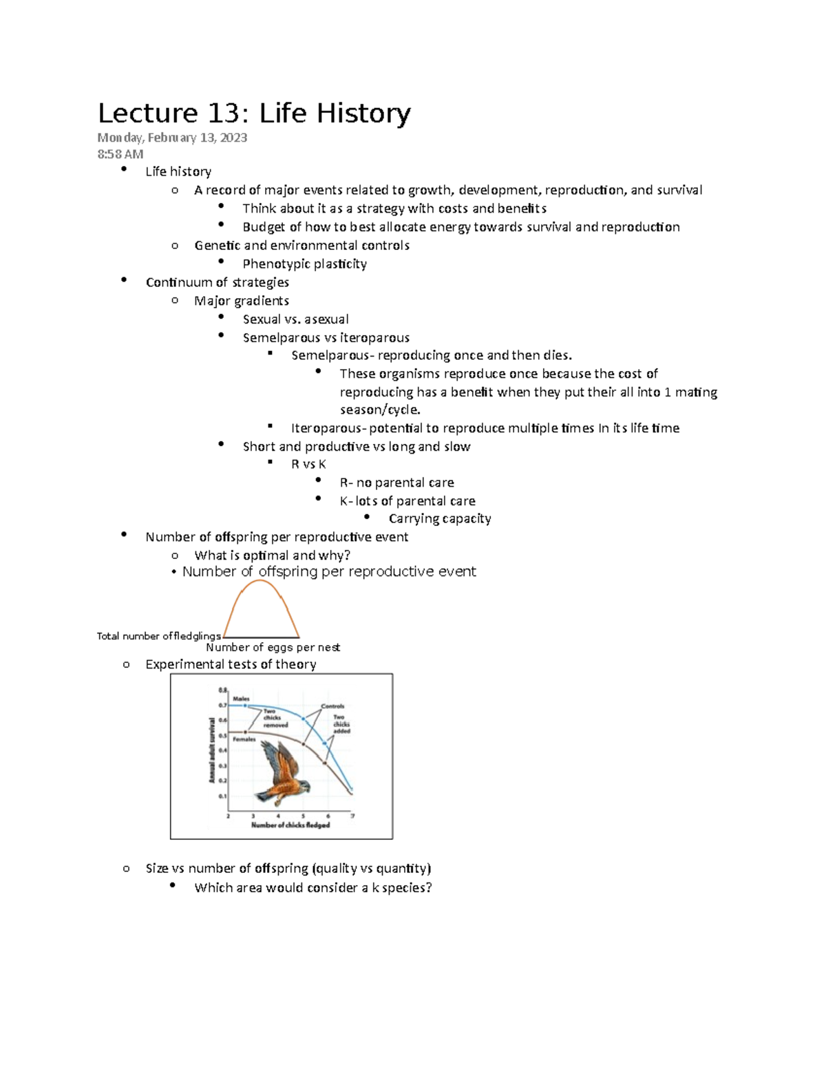 BIO 213- Lecture 13 - Lecture 13: Life History Monday, February 13 ...