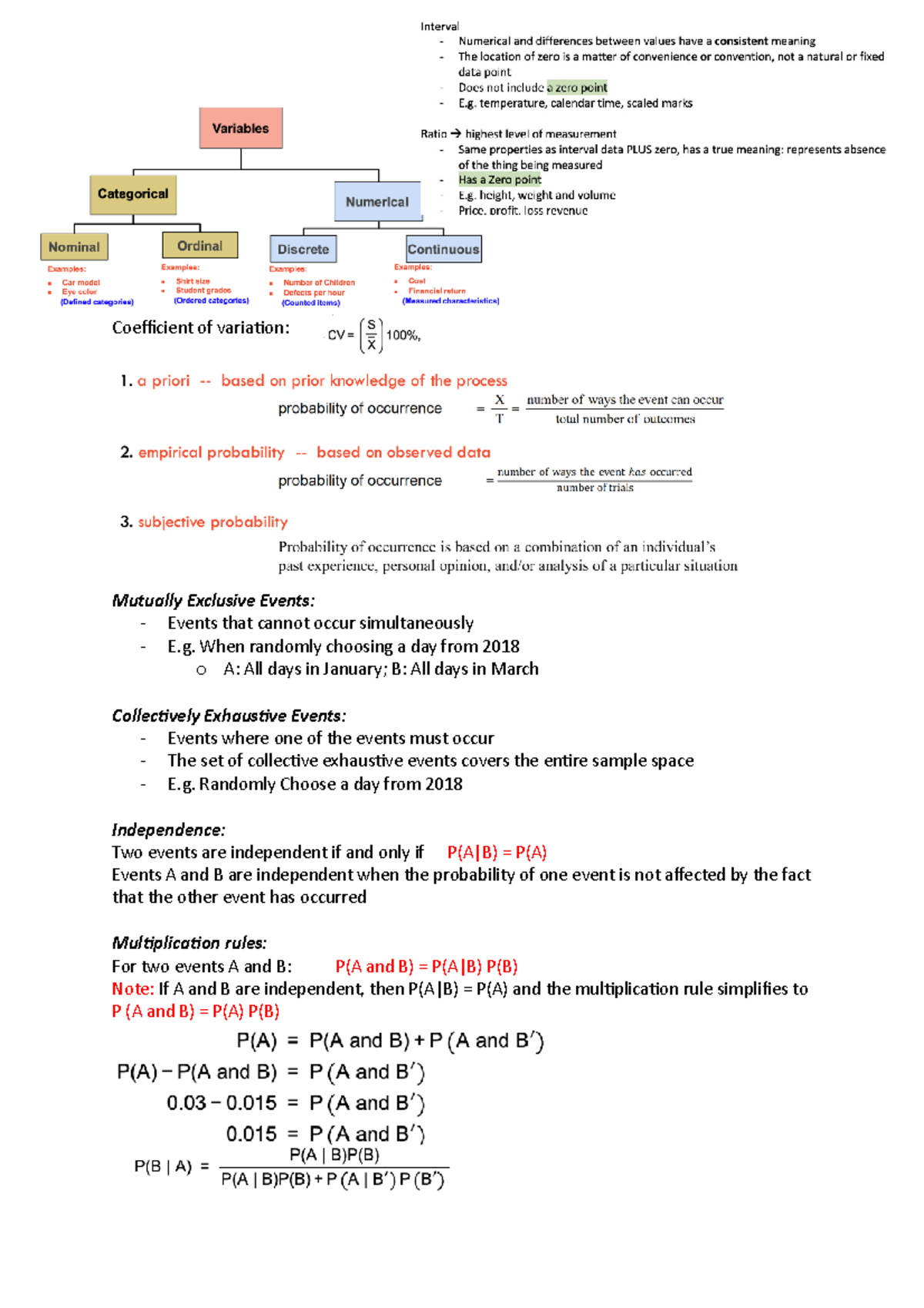 Review - Final Exam Summary - Coefficient of variation: Mutually Exclusive Events: - Events that ...