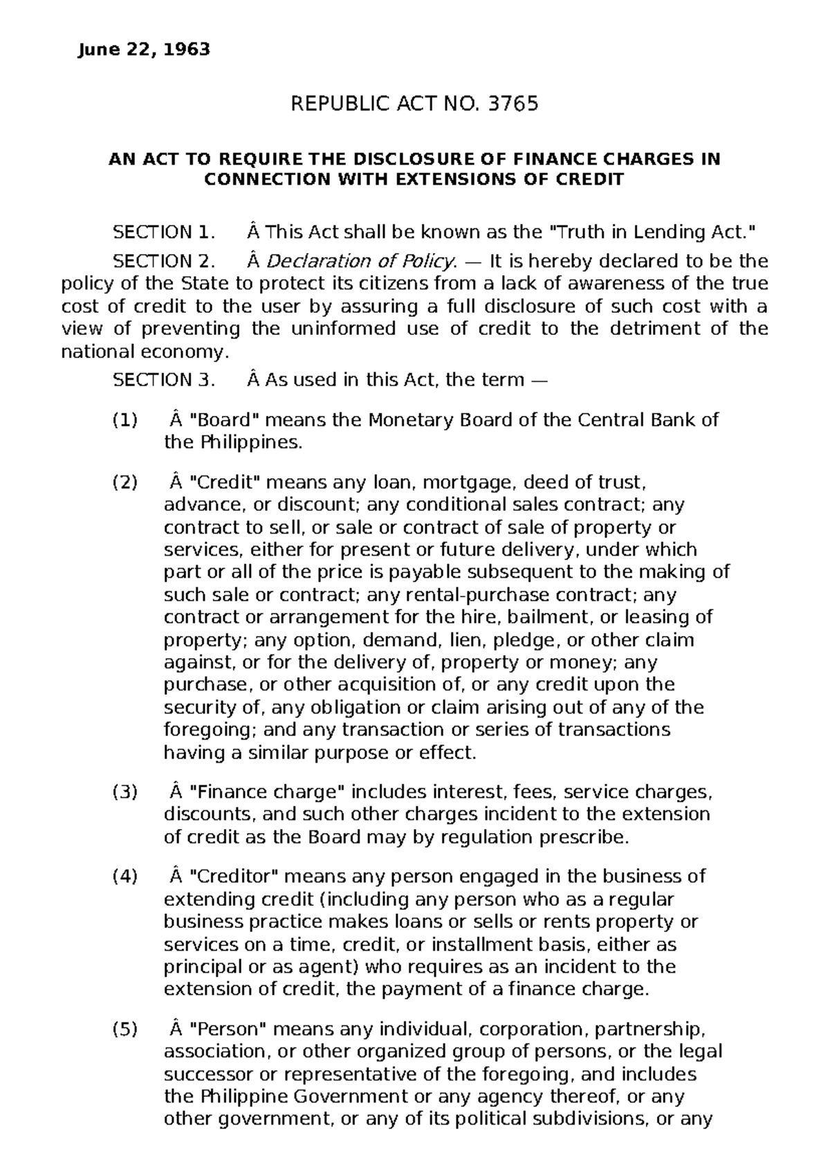 Truth in Lending Act - June 22, 1963 REPUBLIC ACT NO. 3765 AN ACT TO ...