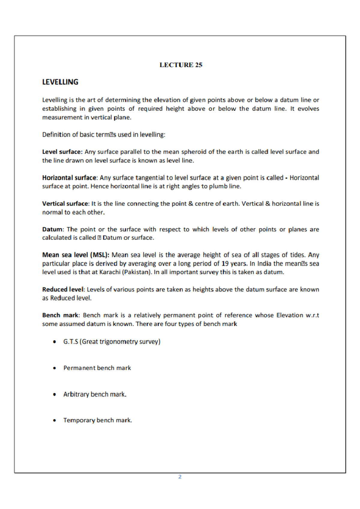 -notes on surveying levelling - LECTURE 25 LEVELLING Levelling is the ...