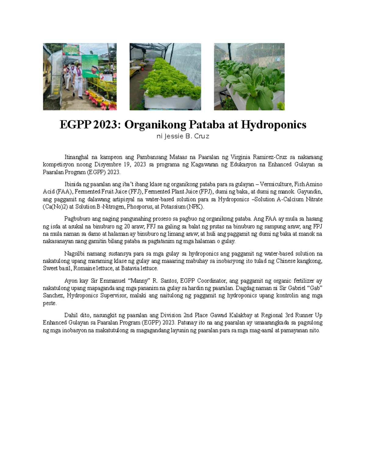 Vrcnhs-EGPP - TLE Garden - EGPP 2023: Organikong Pataba at Hydroponics ...