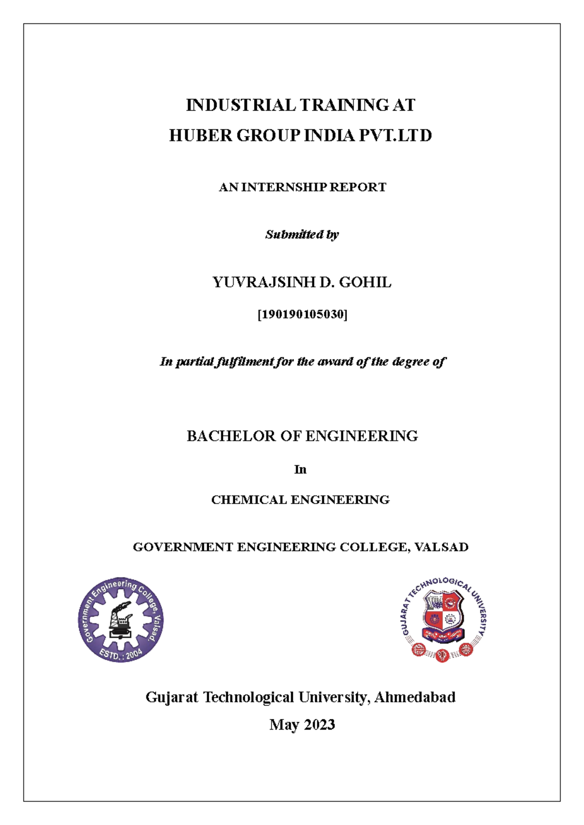 Final Report Of Yuvraj - INDUSTRIAL TRAINING AT HUBER GROUP INDIA PVT ...