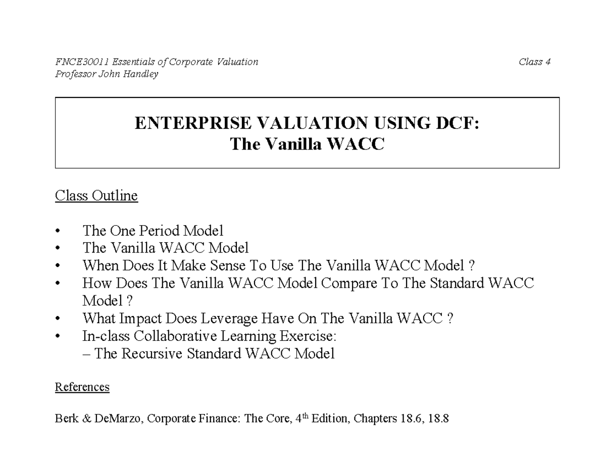 Lecture 4 Vanilla WACC (Lecture Slides) - FNCE30011 - Unimelb - Studocu
