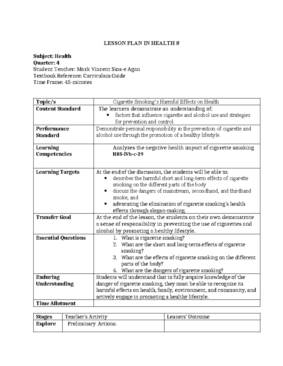 The dangers of cigarette smoking - LESSON PLAN IN HEALTH 8 Subject ...