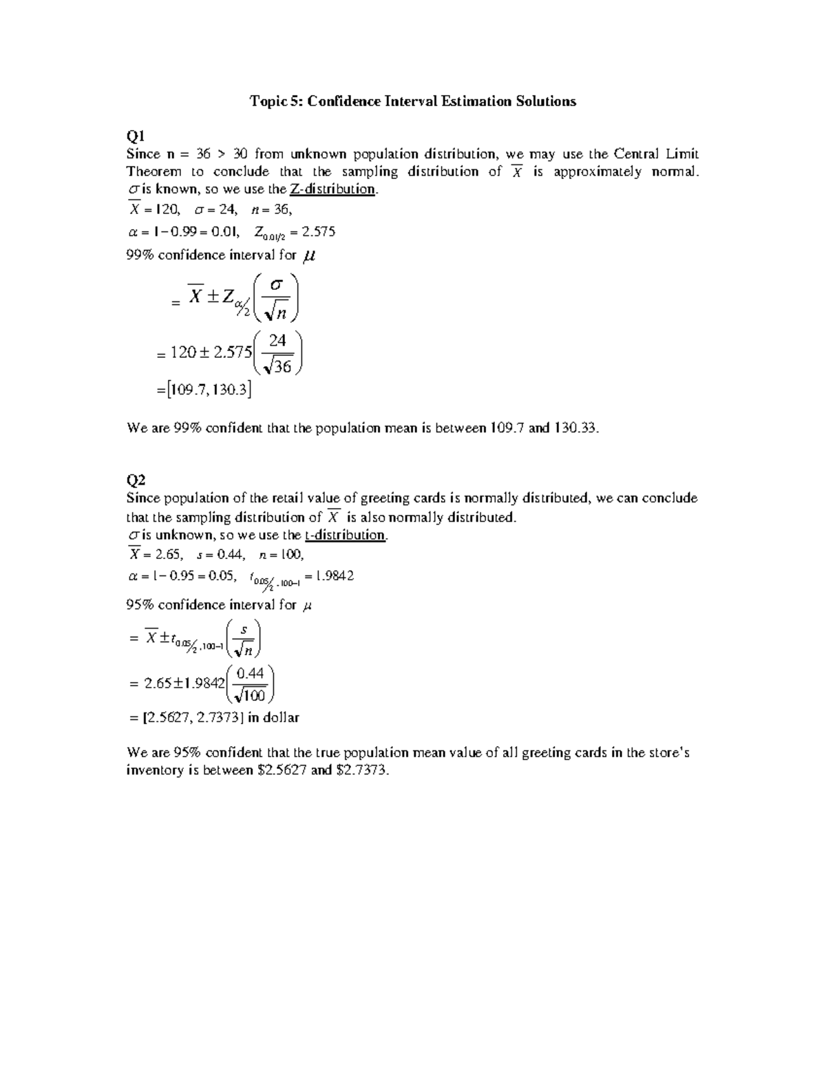 CB2200 Business Statistics Topic 5 Solutions (Q1-Q5) - Topic 5: Confidence Interval Estimation ...