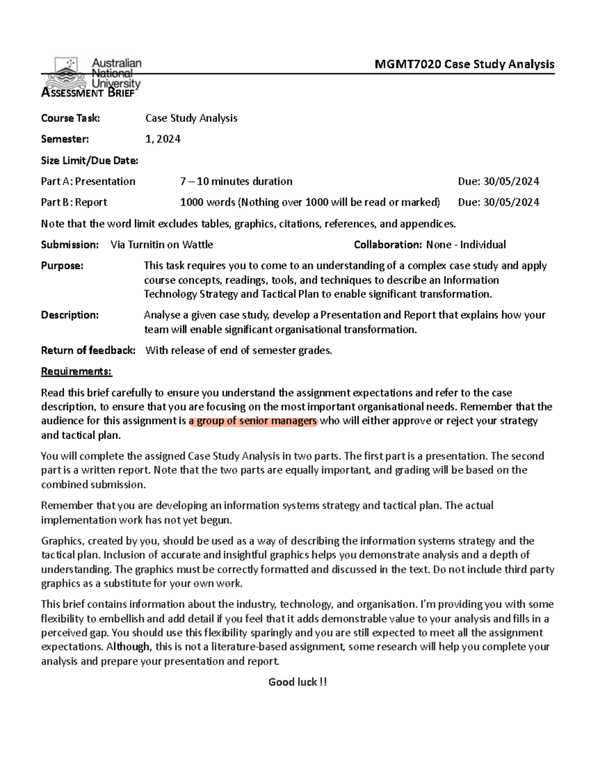 A6 - Case Study Analysis - Brief - ASSESSMENT BRIEF Course Task: Case ...