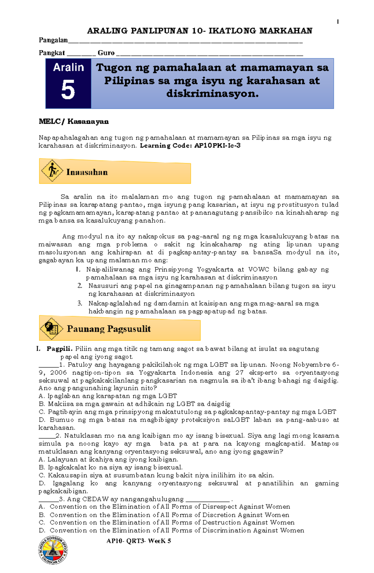 AP 10 Q3 Week 5 2 - information - ARALING PANLIPUNAN 10- IKATLONG ...