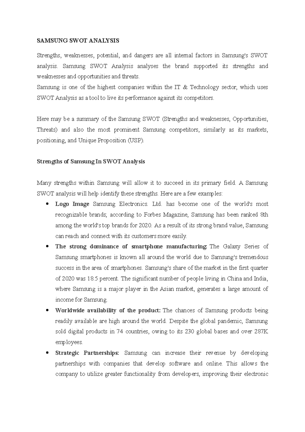 Samsung SWOT Analysis - SWOT - SAMSUNG SWOT ANALYSIS Strengths ...
