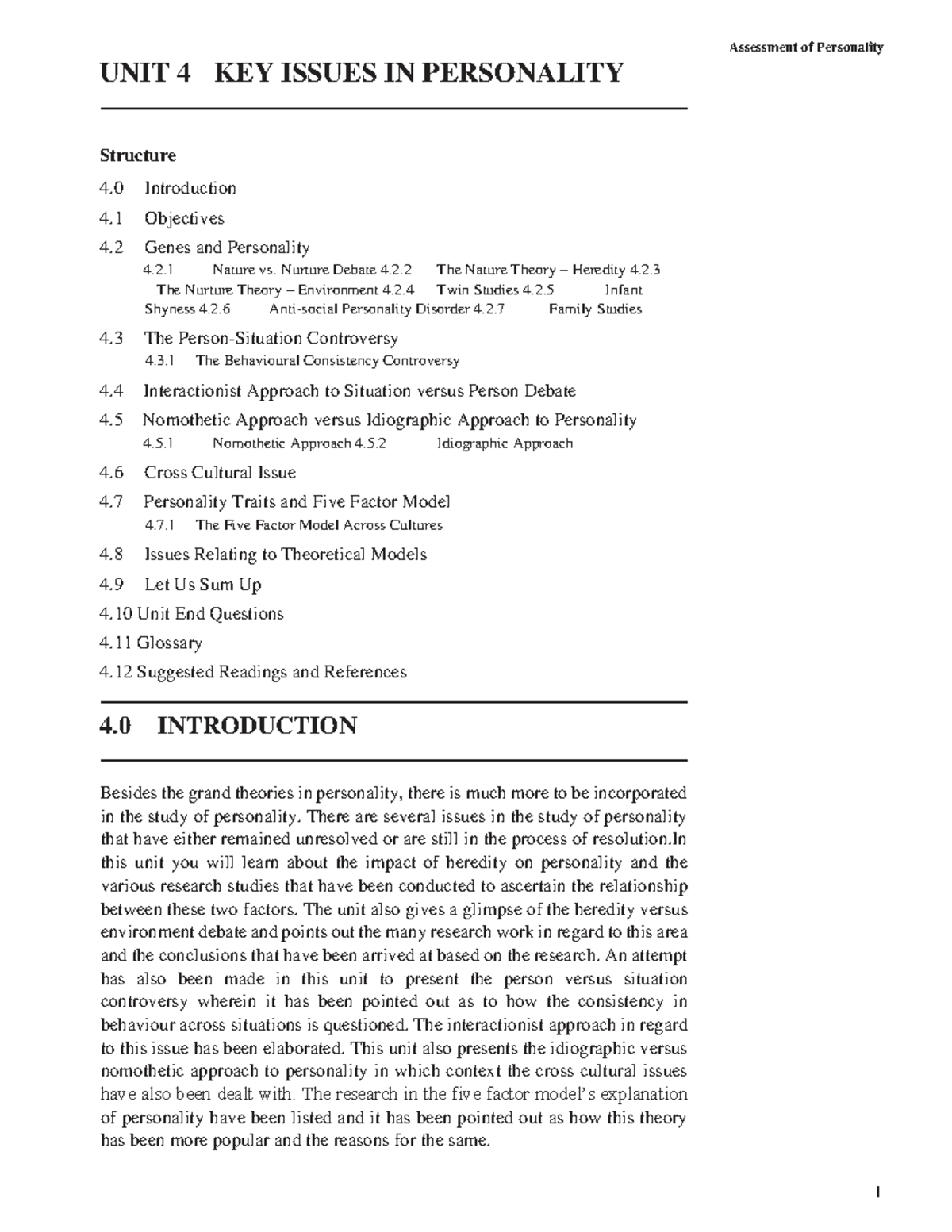 KEY Issues IN Personality - Assessment of Personality UNIT 4 KEY ISSUES ...