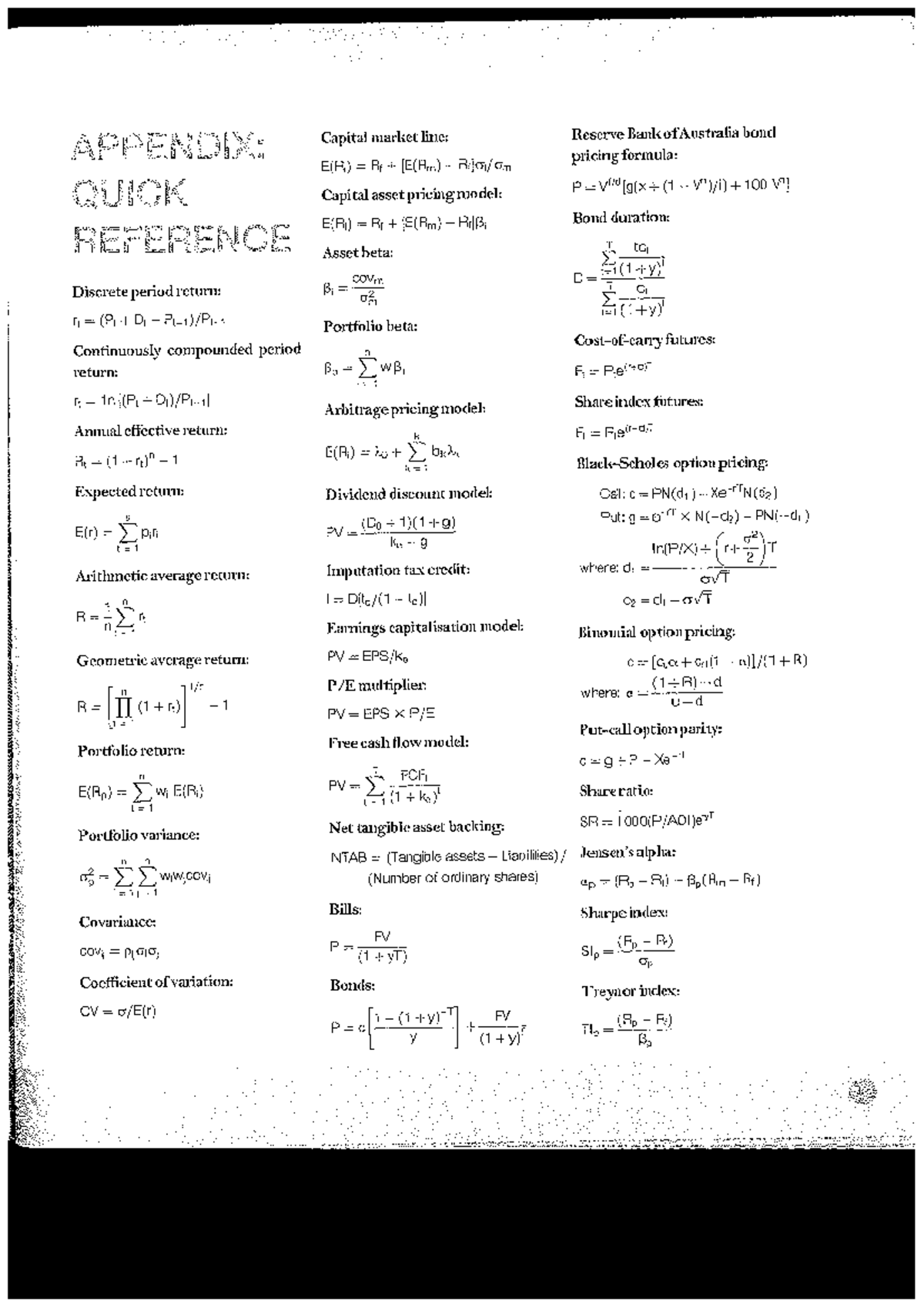 Formula Sheet Brailsford - Discrete period return: rt (P: D ...
