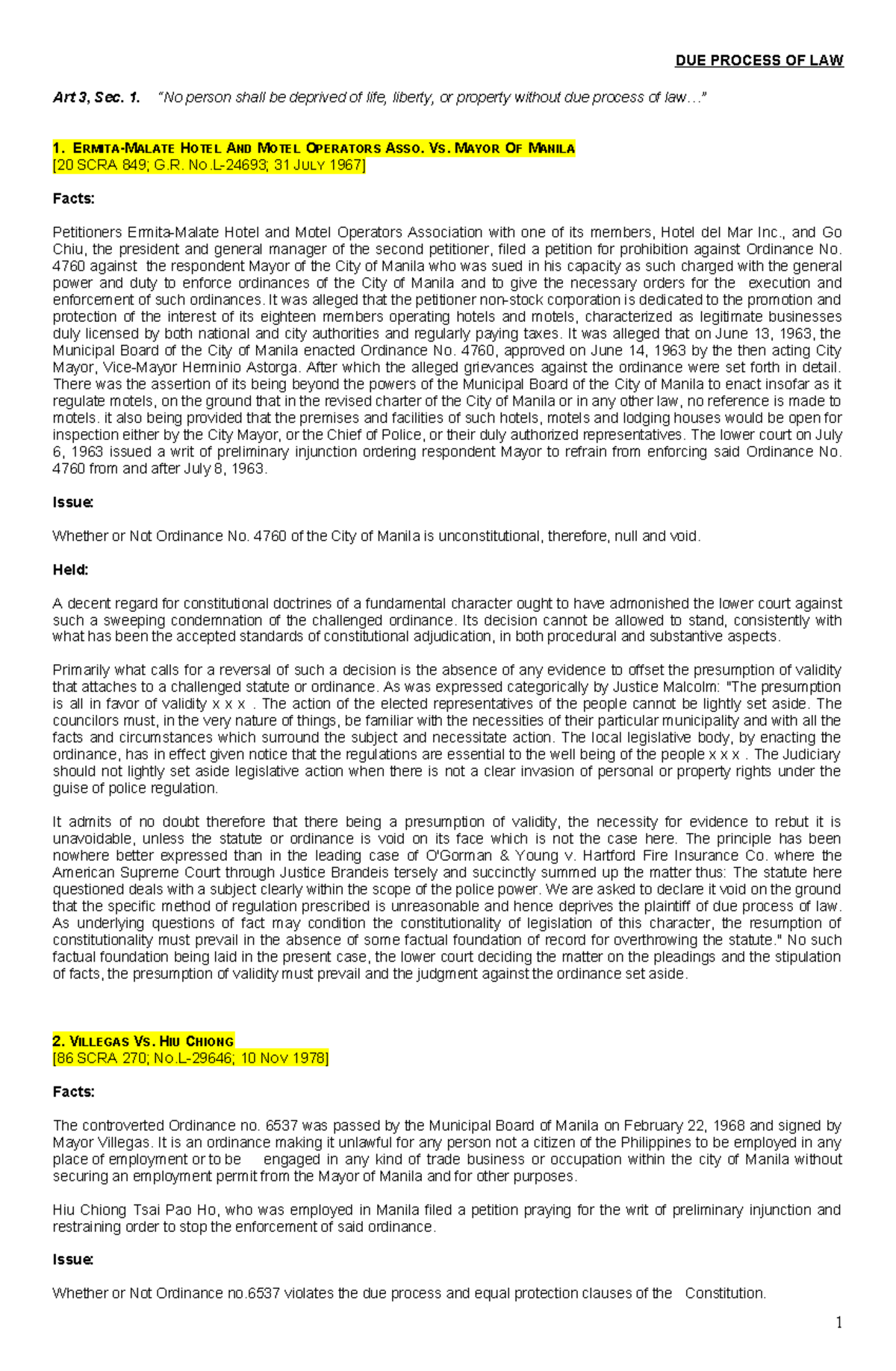 Due Process Digested Cases - Art 3, Sec. 1. “No person shall be ...