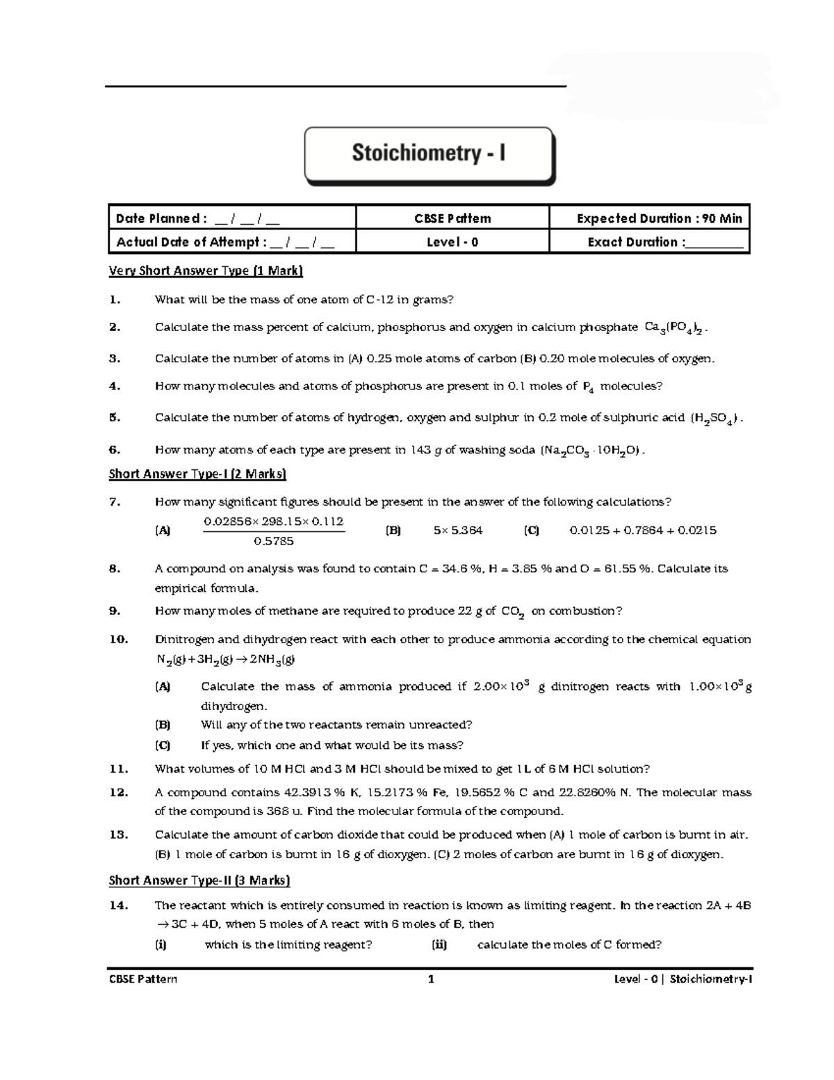 Copy of Copy of Stoichiometry-1 Workbook - CBSE Pattern 1 Level - 0 ...