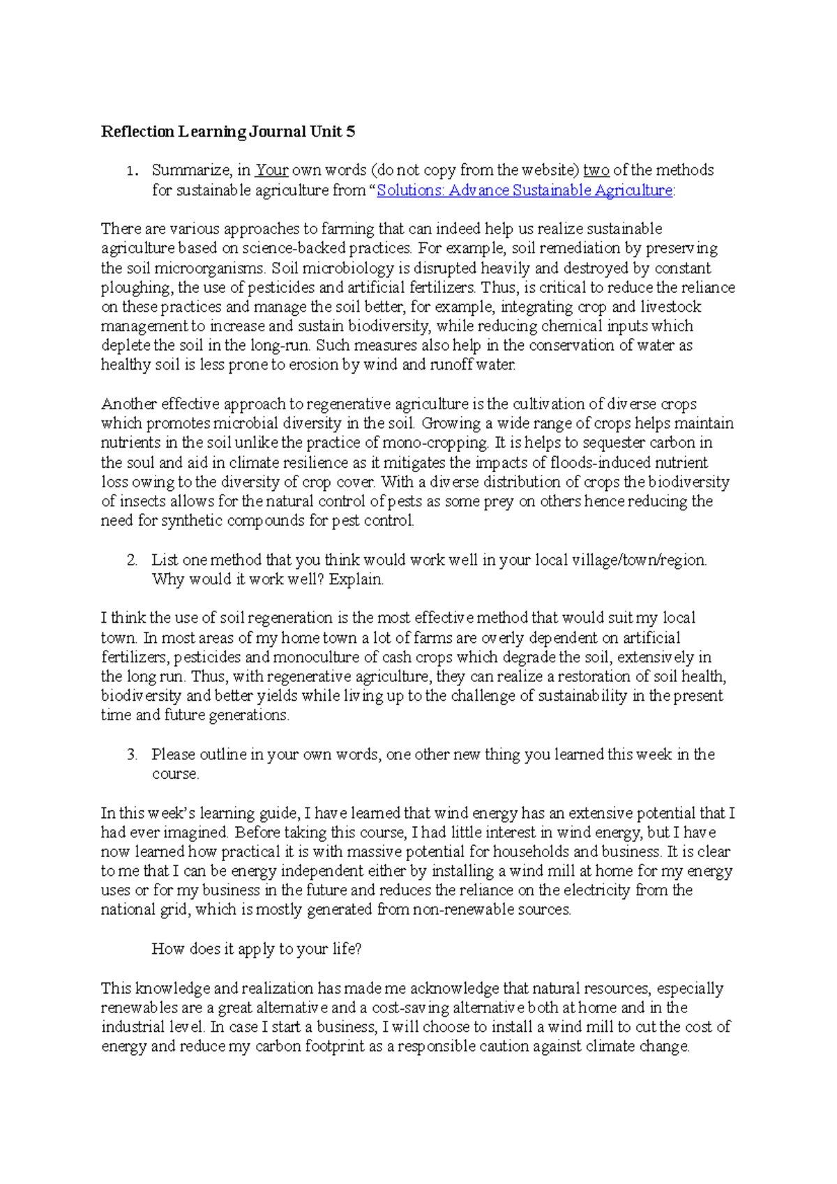 Reflection Learning Journal Unit 5 - For example, soil remediation by ...