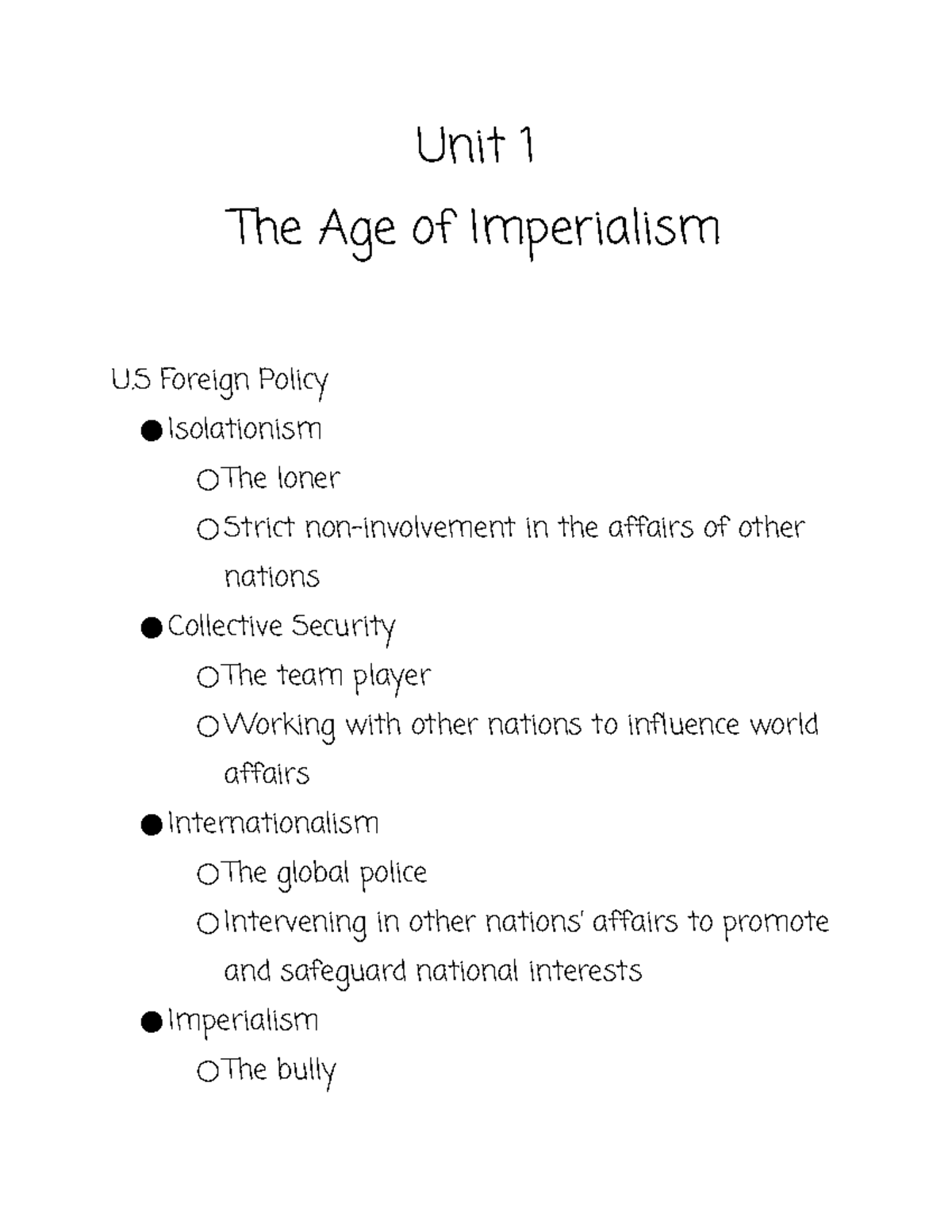 Unit 1 History - notes - Unit 1 The Age of Imperialism U Foreign Policy ...