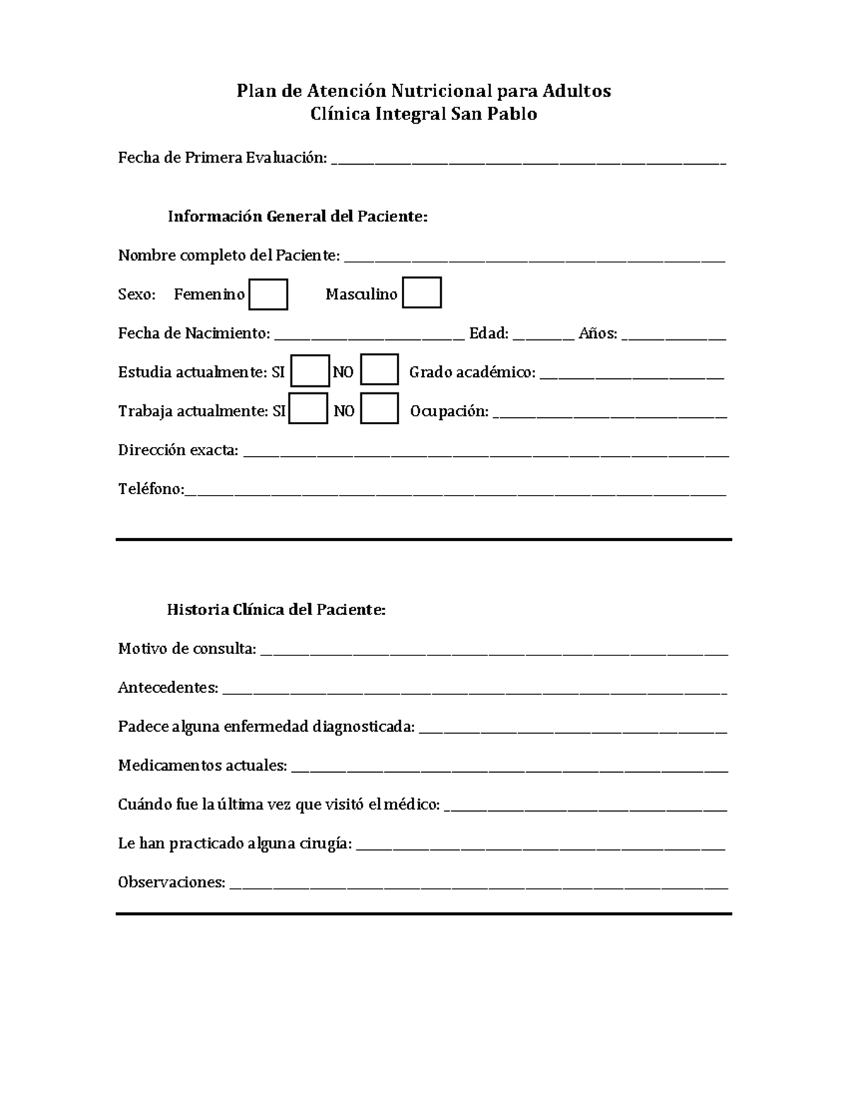 Grupo 2. PAN de adultos formato clinica de san pablo - Plan de Atención ...