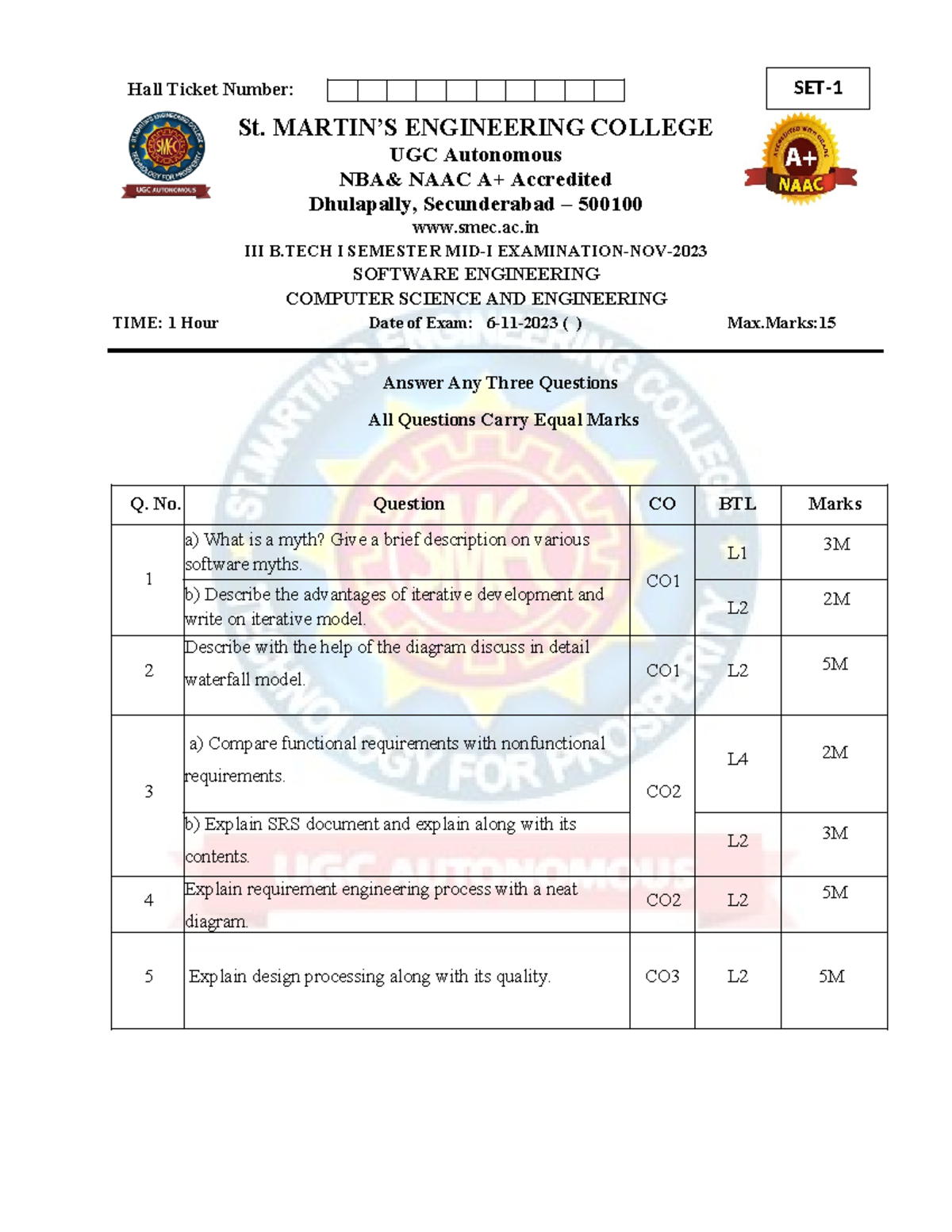 Se mid 1 - Questions - St. MARTIN’S ENGINEERING COLLEGE UGC Autonomous ...