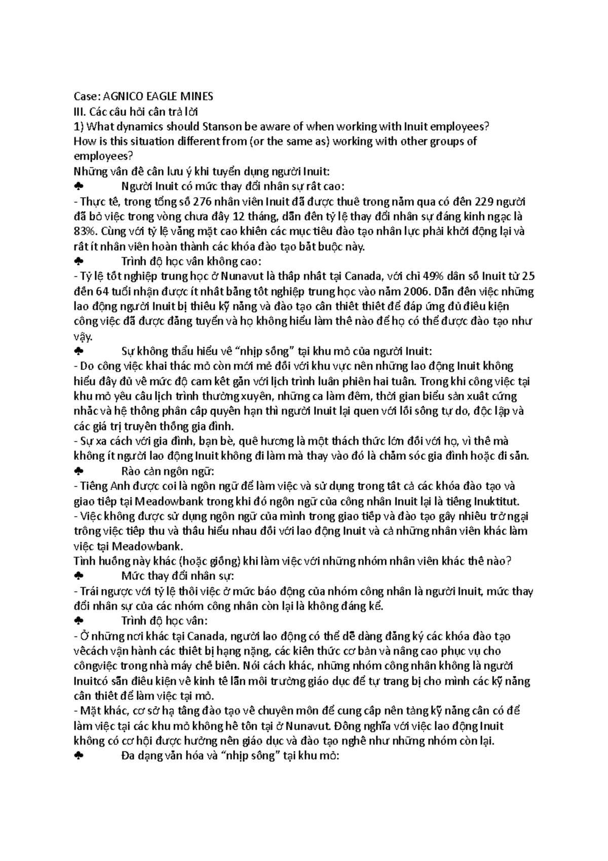 Cau 1 - AEM - Case: AGNICO EAGLE MINES III. Các câu h i câần trỏ ả ờl i What dynamics should ...