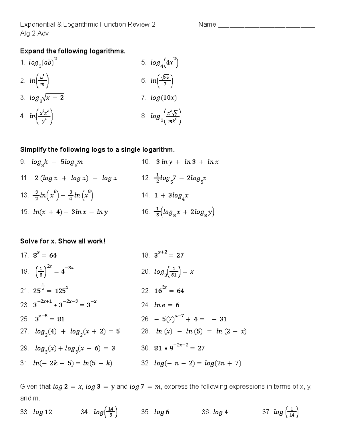 Review 2 Exp & Log Functions - Exponential & Logarithmic Function ...