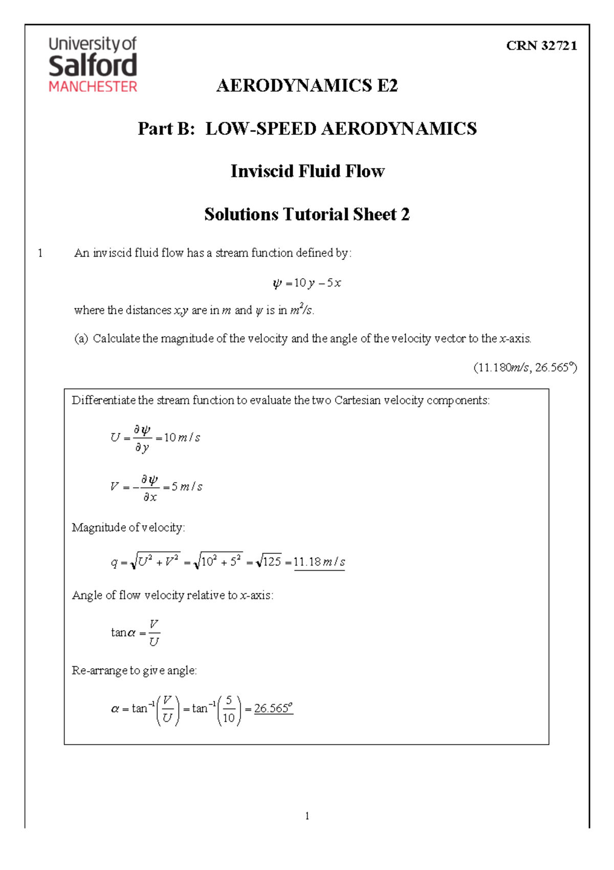 Part B Solutions Tutorial Sheet 2 - CRN 32721 AERODYNAMICS E2 Part B ...