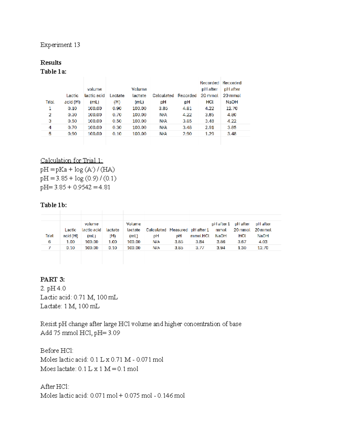 E13 - Experiment 13 Results Table 1a: Calculation for Trial 1: pH = pKa ...