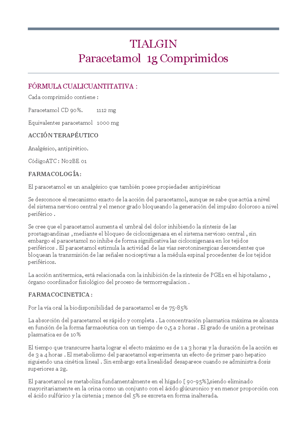 FarmacologíA dani - TIALGIN Paracetamol 1g Comprimidos FÓRMULA ...