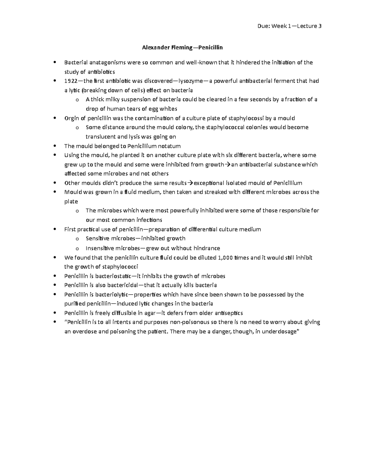 Fleming notes-penicillin - Due: Week 1—Lecture 3 Alexander Fleming ...