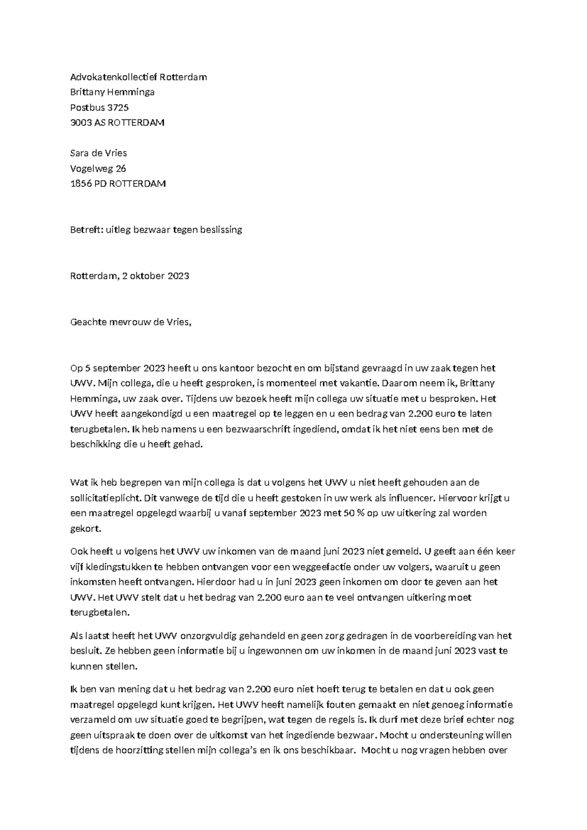 Begeleidende brief Sara de Vries - Advokatenkollectief Rotterdam ...