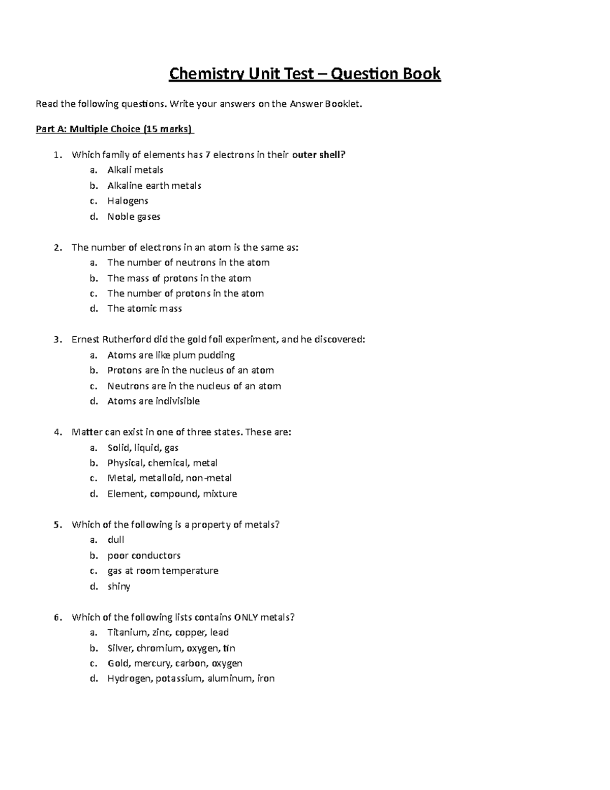 Chemistry Test - Question Book - Chemistry Unit Test – Question Book ...