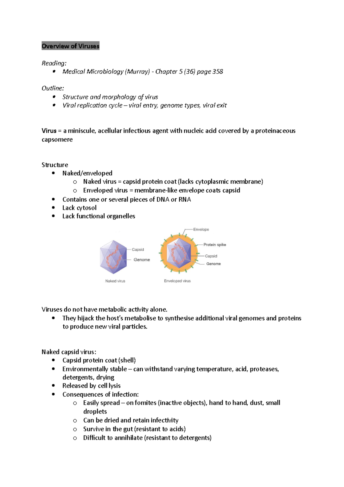 2. Overview of Viruses - Lecture notes 1 - Overview of Viruses Reading ...