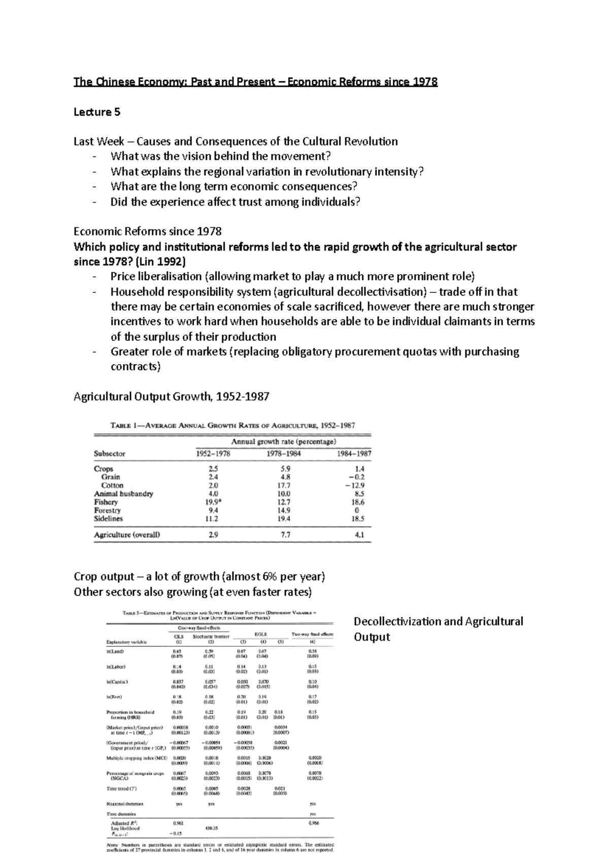 China Week 5 - Week 5 notes - The Chinese Economy: Past and Present ...