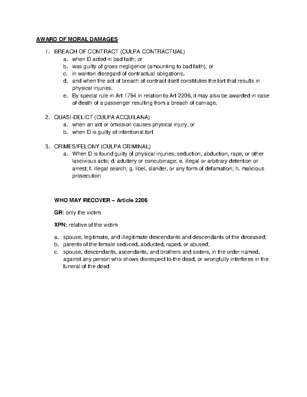 Damages - AWARD OF MORAL DAMAGES 1. BREACH OF CONTRACT (CULPA ...