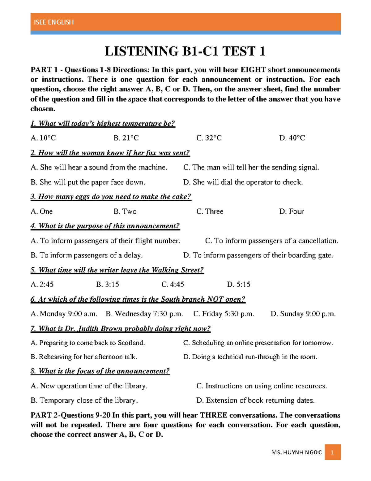 Extra Listening B1-C1 Test 1 - LISTENING B1-C1 TEST 1 PART 1 ...