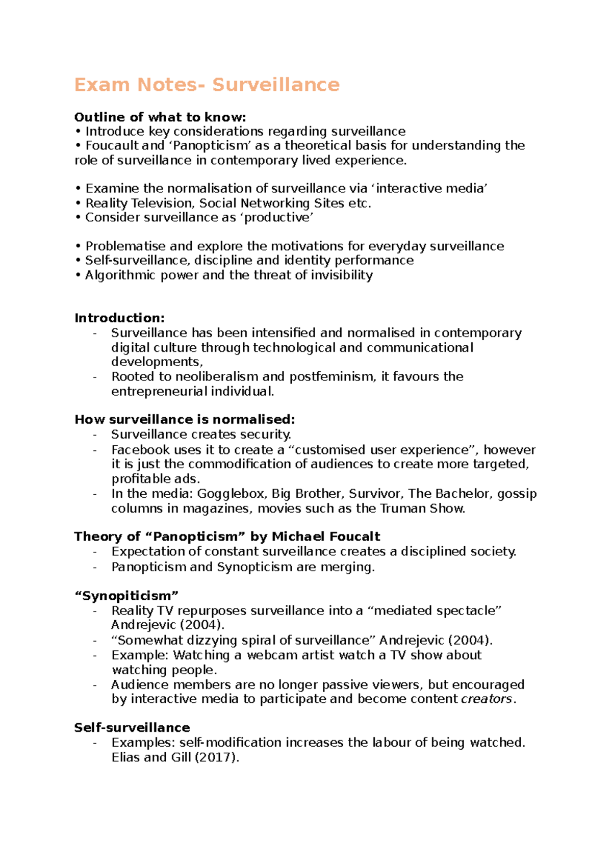 Exam Notes For Gendered Audiences and Surveillance - Exam Surveillance ...