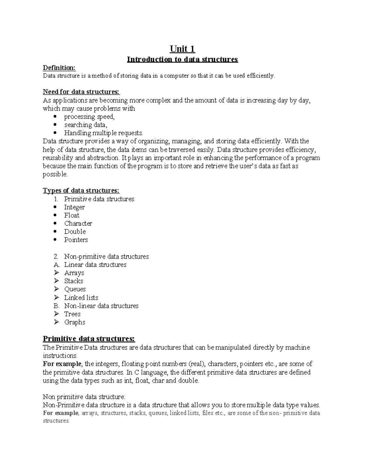 Ds BSc2units - NOTES - Unit 1 Introduction to data structures ...