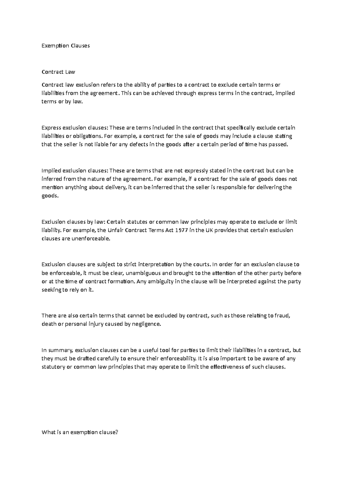 Contract law exclusion notes and essay - Exemption Clauses Contract ...