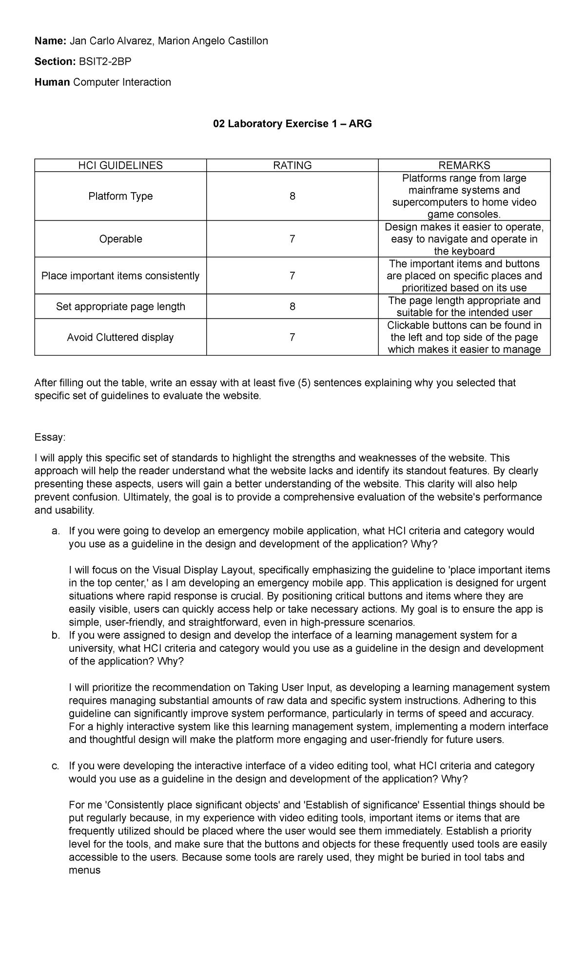 02 Laboratory Exercise 1 – ARG - Human Computer Interaction - Name: Jan ...