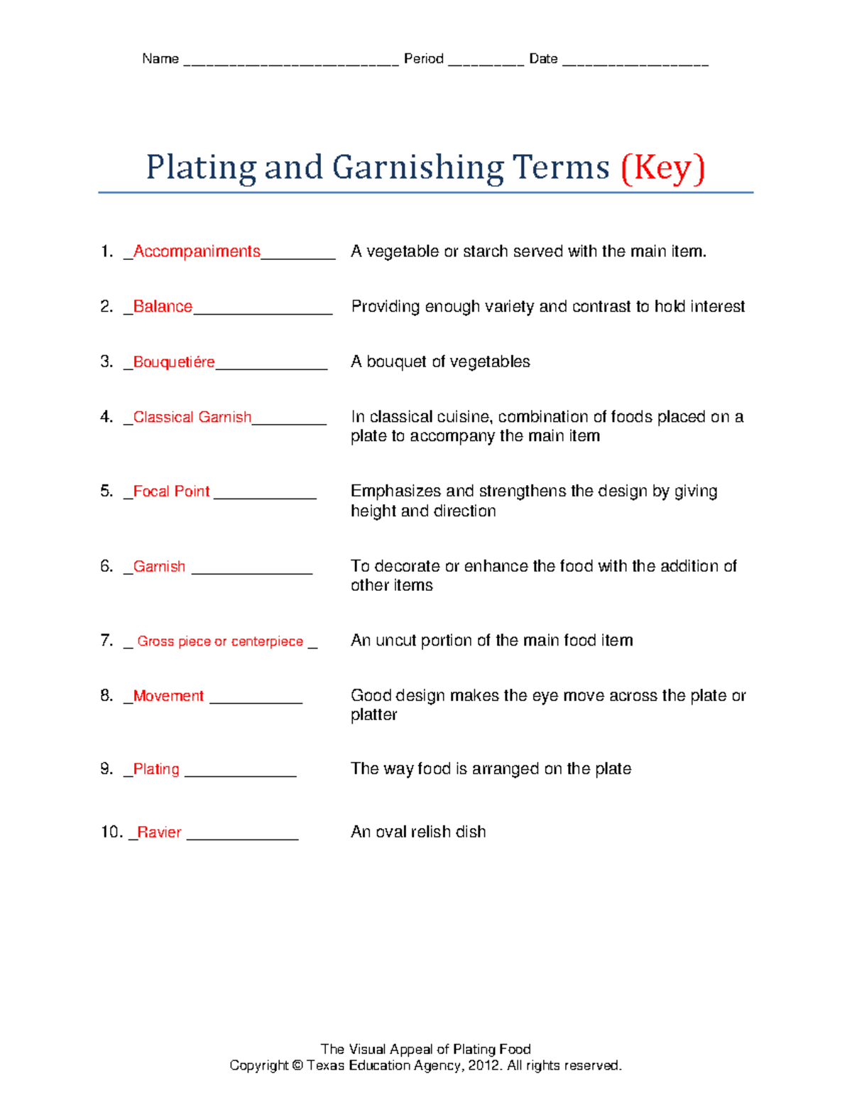 Plating and Garnishing Terms Key - Name ...