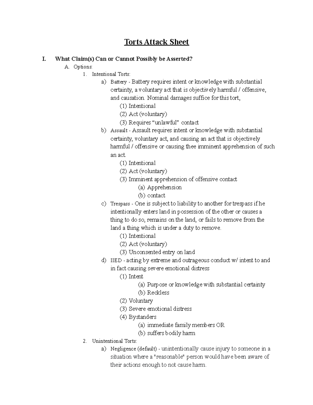 Torts Attack Sheet - okay - Torts Attack Sheet I. What Claim(s) Can or ...