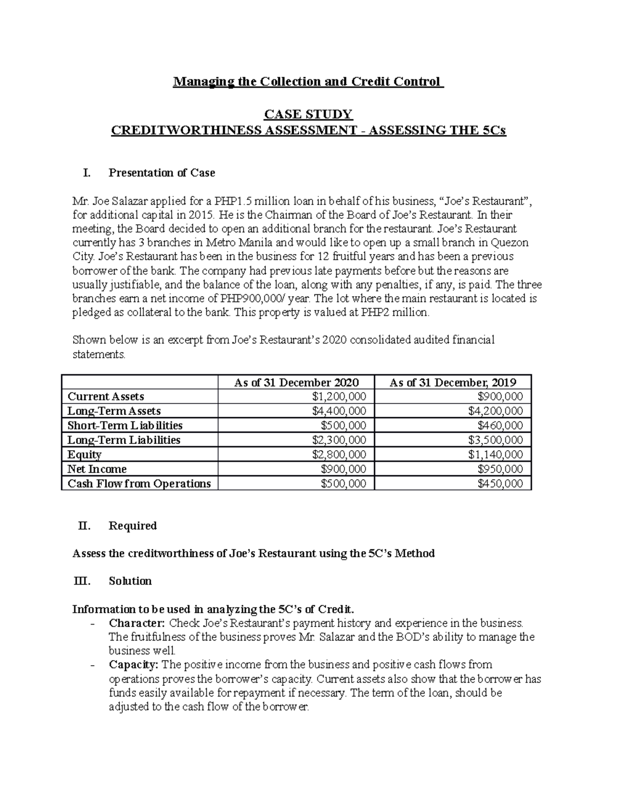 MCCC - 5Cs of Credit Case Study - Managing the Collection and Credit ...