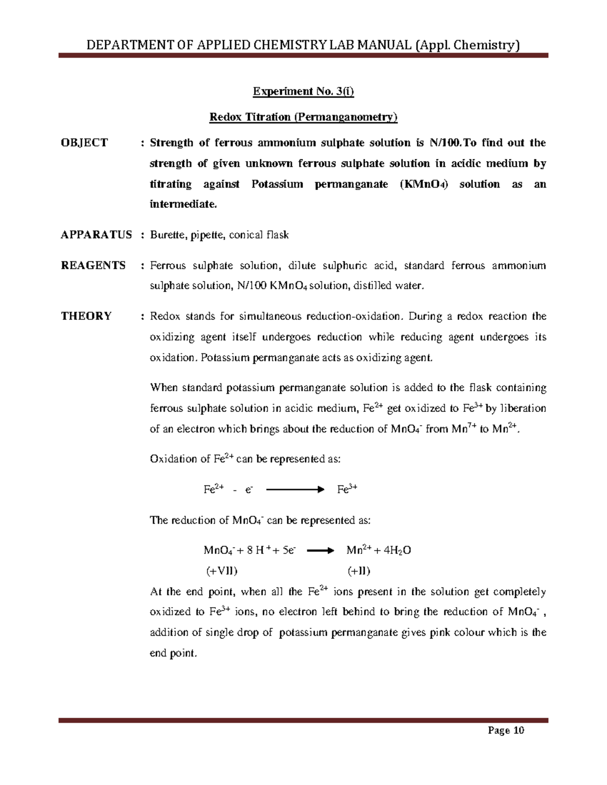 Exp 2 Permanganometry - Experiment No. 3(i) Redox Titration ...
