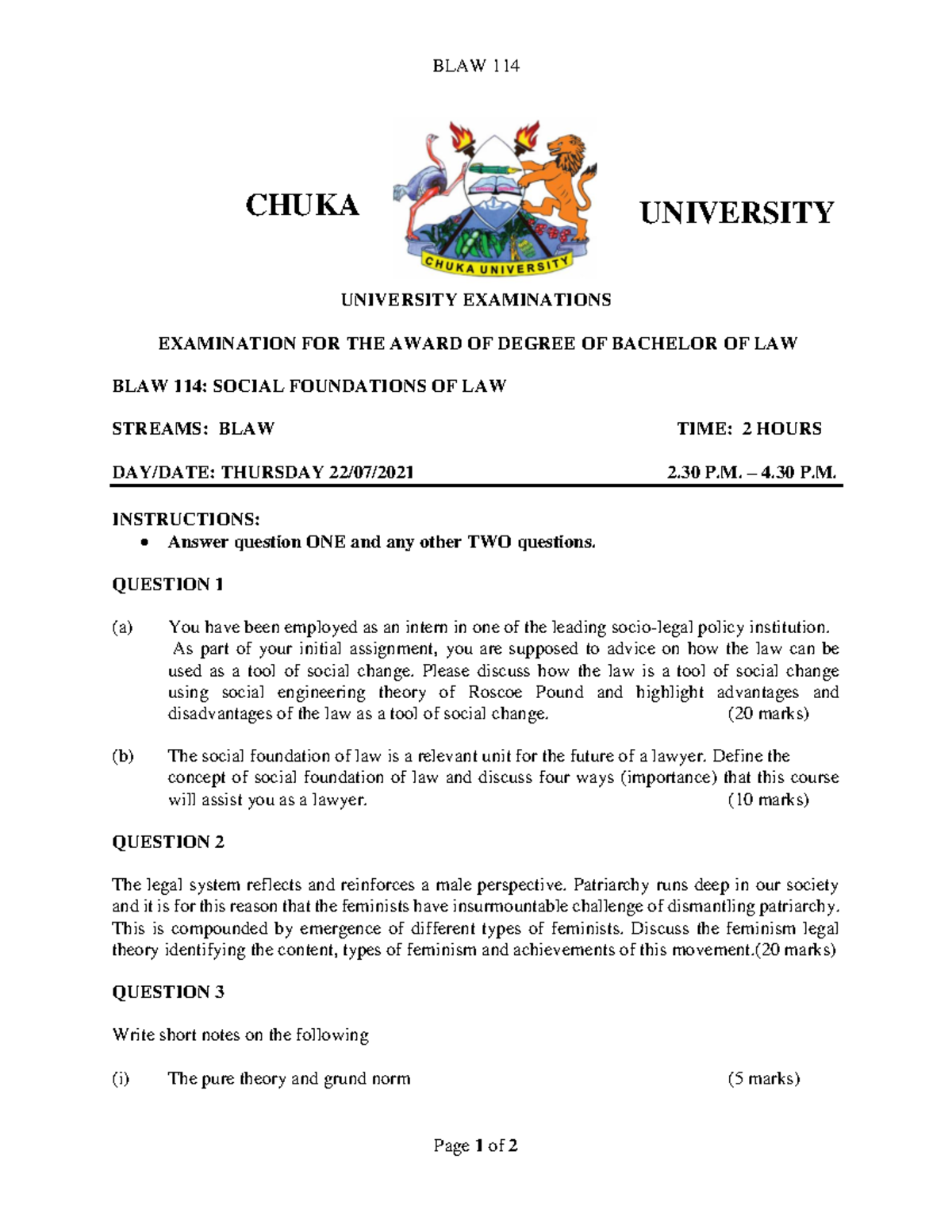 BLAW 114 - LAW - BLAW 114 Page 1 of 2 CHUKA UNIVERSITY UNIVERSITY ...