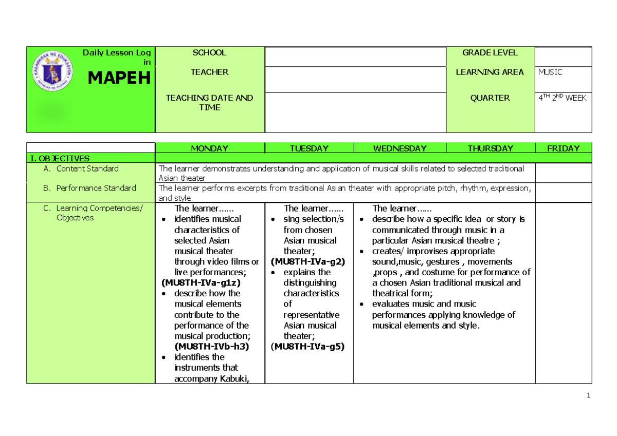 420643225 DLL Q4 G8 Music 2nd week pdf - MONDAY TUESDAY WEDNESDAY ...