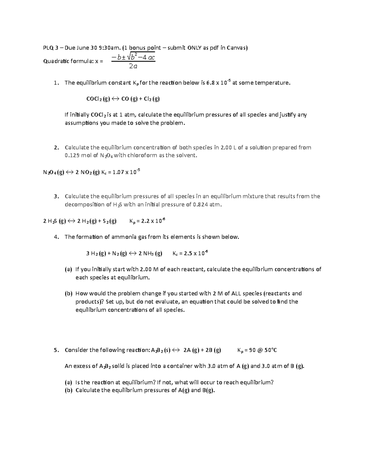PLQ 3 - equilibrium - PLQ 3 – Due June 30 9:30am. (1 bonus point ...