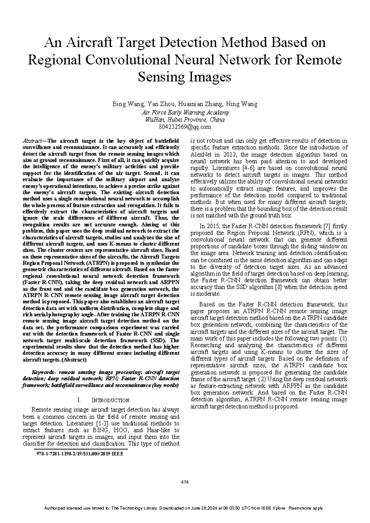 An Aircraft Target Detection Method Based Neural Network For Remote