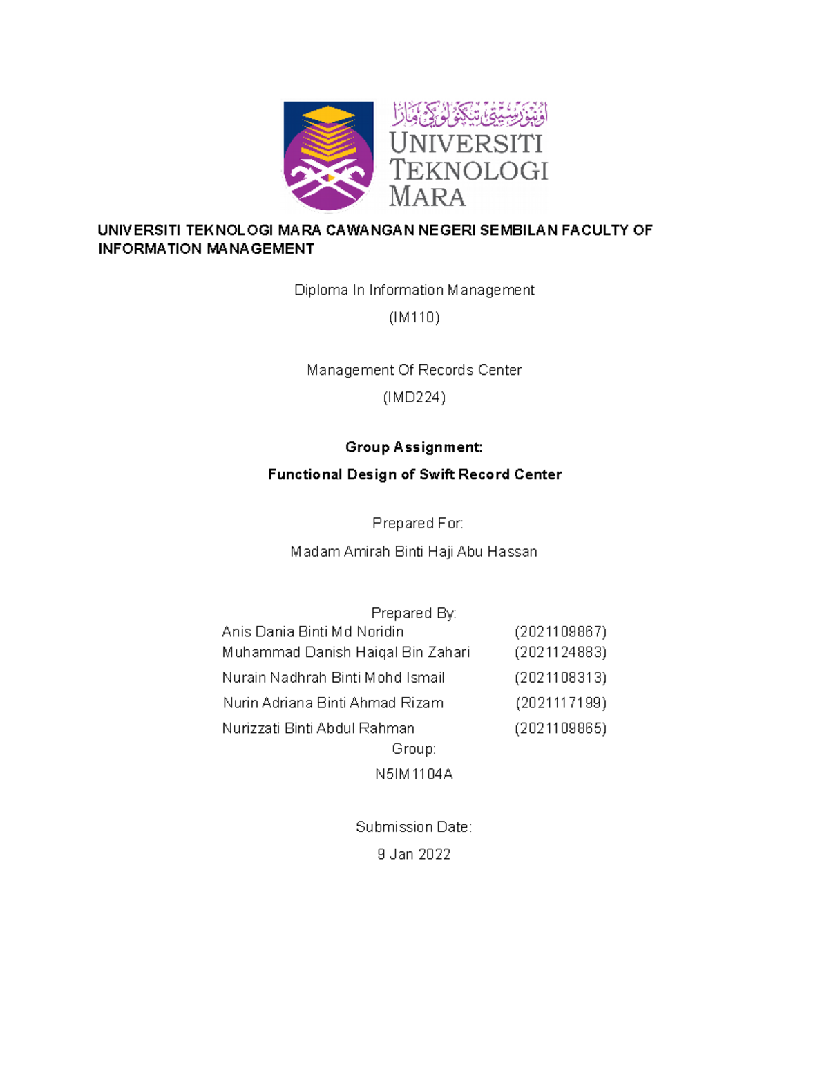 Imd224 Proposal Records Center Universiti Teknologi Mara Cawangan